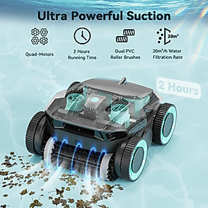 Cordless Robotic Pool Cleaner - Automatic Pool Vacuum Robot with Wall Climbing - 120 Mins Runtime, Quad-Motor Powerful Suction, Self-Parking, for In Ground Pool Up to 1500 sq. ft, Black