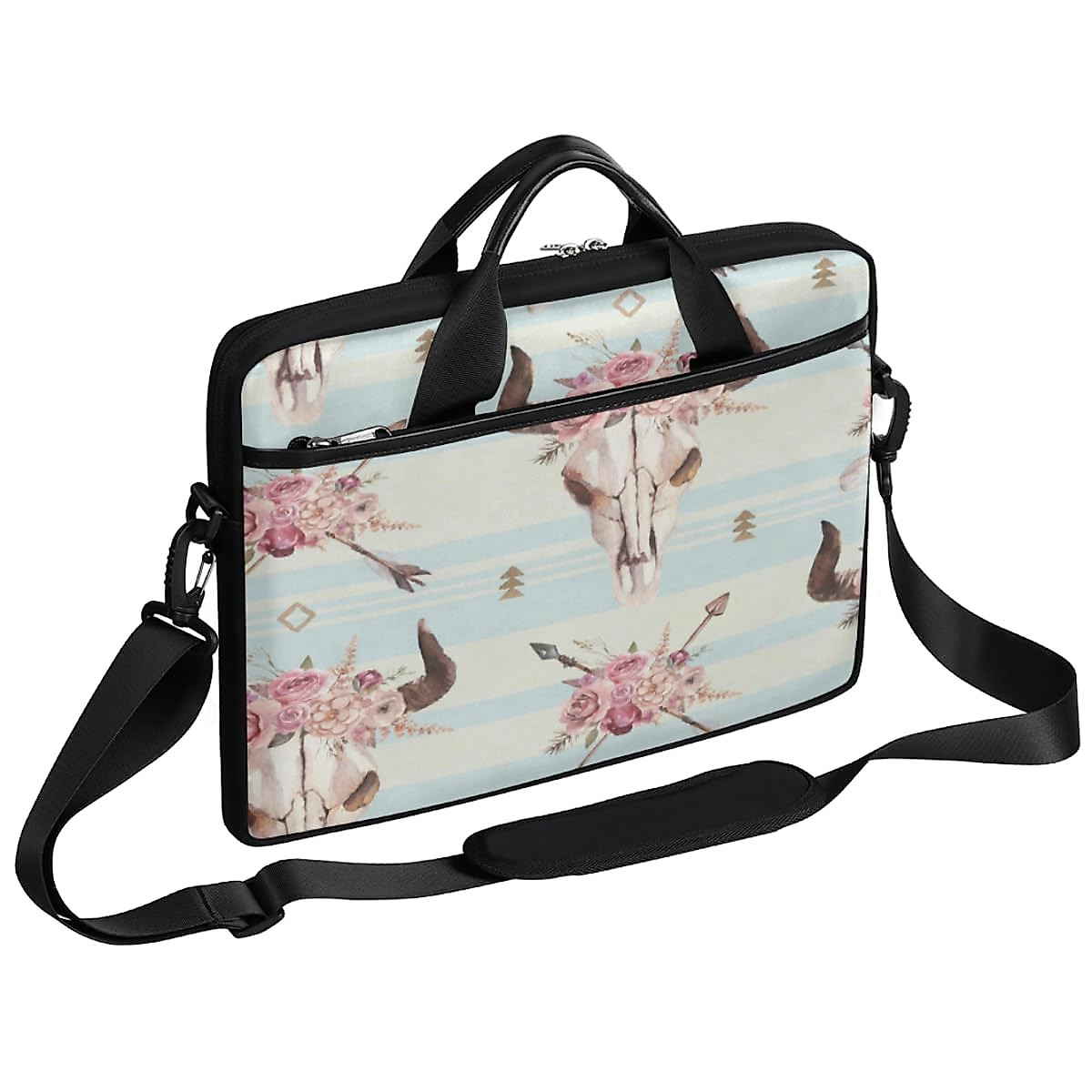 Bull Skull Flower Laptop Computer Bag Waterproof Shoulder Messenger Bag 13-15 inch Durable Laptop Tote Bag with Shoulder Strap Handle Lightweight Crossbody Briefcase