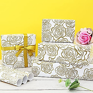 Gift Wrapping Paper, Golden Rose Pattern in White Art Paper with 1 Roll Gold Ribbon, for Weddings, Mother's Day, Birthdays, Baby Showers, Bridal Showers, Valentine's Day or Any Occasion(6 Sheets)