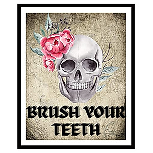 Roxbury Row Goth Bathroom Decor | Skeleton Decor, Skull Decor | Funny Bathroom Signs, Floral Skull Bathroom Decor Sets | Halloween Bathroom Decor Set (Unframed Prints) (Set of 3: Wash/Brush/Flush)