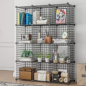 KOUSI DIY Wire Cube Storage, Modular Metal Shelf, Cubby Shelving, Stackable Grid Organizer, 12 Cube, Black