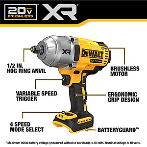 Dewalt DCF900BR 20V MAX XR Brushless High Torque Lithium-Ion 1/2 in. Cordless Impact Wrench with Hog Ring Anvil (Tool Only) (Renewed)