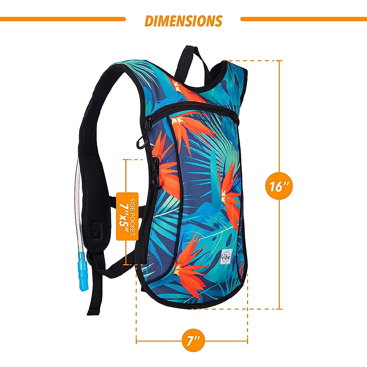 Vibe Hydration Pack Backpack with 2L Bladder for Women, Men, Teens, Kids - Sports, Outdoor, Running, Camping, Hiking, Festivals, Raves (Tropical Hawaii)