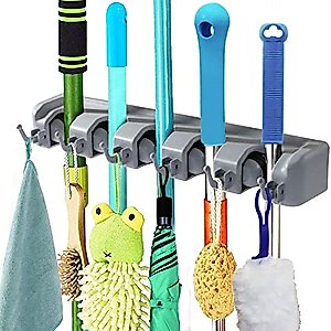 YouOKLight Broom holder wall mount, mop and broom hanger wall mount garden tool organizers storage rack, broom organizer mop holder hanger. For Home Garden Garage And Storage, 5 Slots, 6 Hooks, Grey.