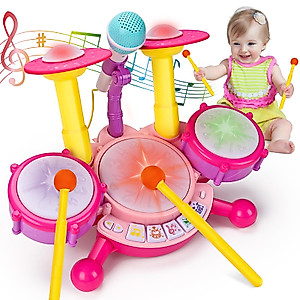 Basytodio Baby Music Toy 0-6-12 Month Electronic Kid Drum Set for Toddler Indoor Outdoor Montessori Sensory Activity Interactive Infant Surprise First Birthday Gift for One Year Old Girl Boy