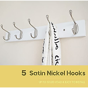 ROOREVO Wall Mounted Coat Rack with 5 Hooks - 2 Pack - Wall Coat Hooks Wall Hat Hanger, Satin Nickel & White
