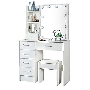 saicheng White Dressing Table with Sliding Lighted Mirror, Makeup Vanity Set with 5 Storage Drawers Shelves, Dresser Desk & Cushioned Stool Set for Bedroom