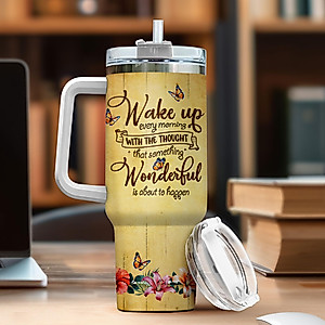 99OWL Elephant Hibiscus Tropical Floral, Elephant Gifts, Women Handle Tumblers Yellow For Butterfly Coffee Adults Funny Flower, Tumbler 40 Oz With Handle Lid And Straw