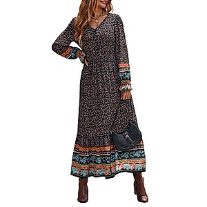 PRETTYGARDEN Long Sleeve Dress for Women - V-Neck Casual Boho Floral Vintage Fall Long Maxi Dresses (Black,X-Large)
