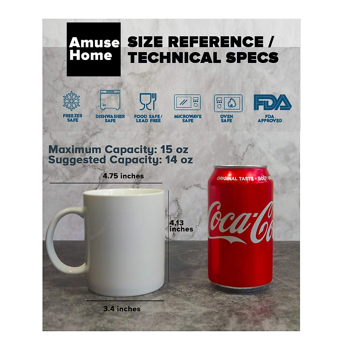 Amuse- Professional Barista Classic Large Mug for Coffee, Tea, Chocolate or Latte- Set of 6- 16 oz