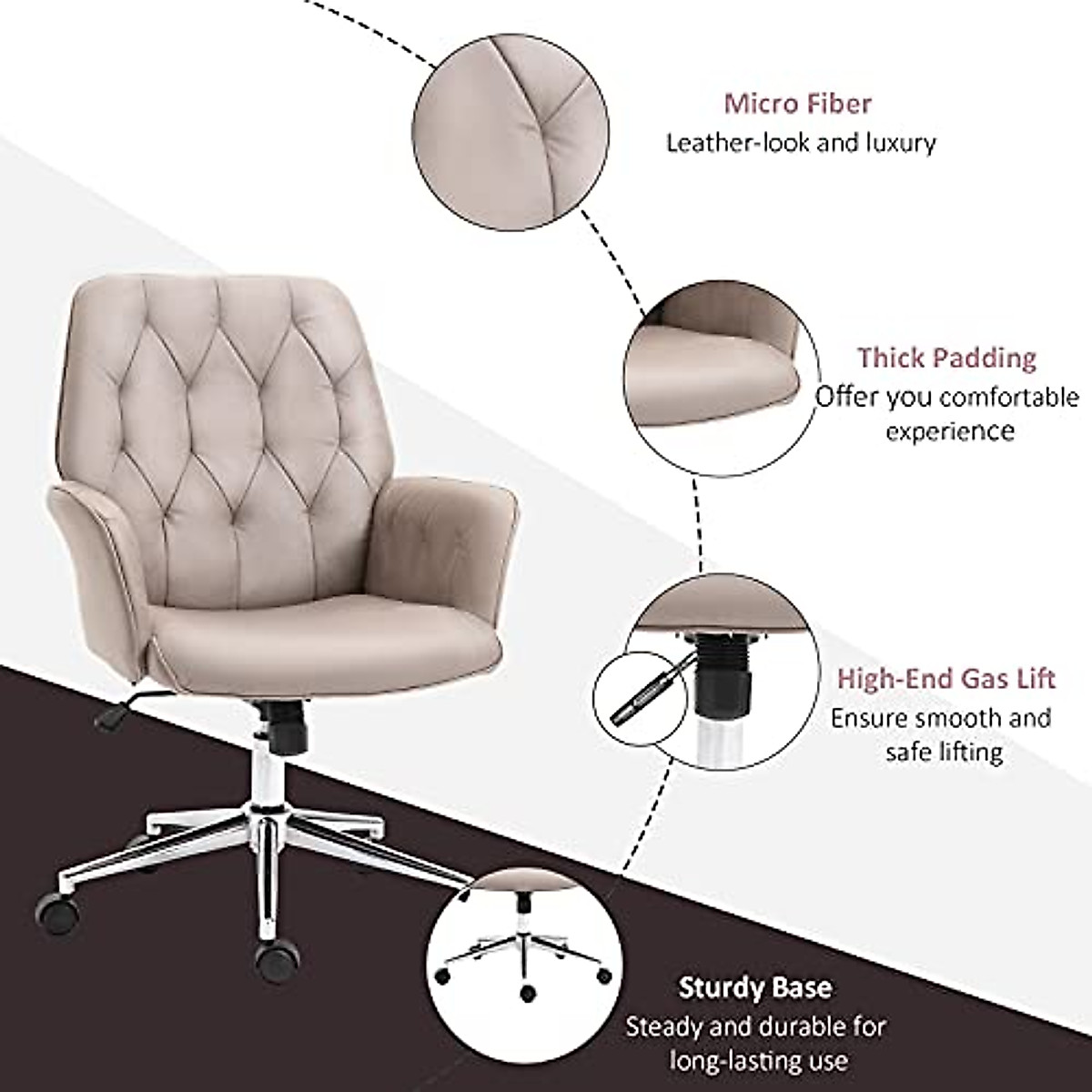 Vinsetto Modern Mid-Back Tufted Microfiber Home Office Desk Chair with Adjustable Height, Swivel Adjustable Task Chair with Padded Armrests, Light Grey