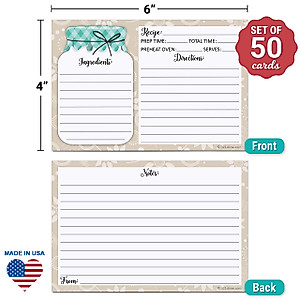 321Done Mason Jar Recipe Cards (Set of 50) Rustic 4x6 Double-Sided Premium Card Stock - Made in USA - Rustic Green and Tan, Large Notes From