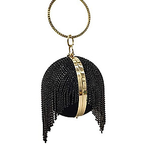 Women Round Ball Crysal Clutch Purses Wedding Handbag Dazzling Full Rhinestone Tassles Ring Handle Evening Bag (MIL1248 Black) Small