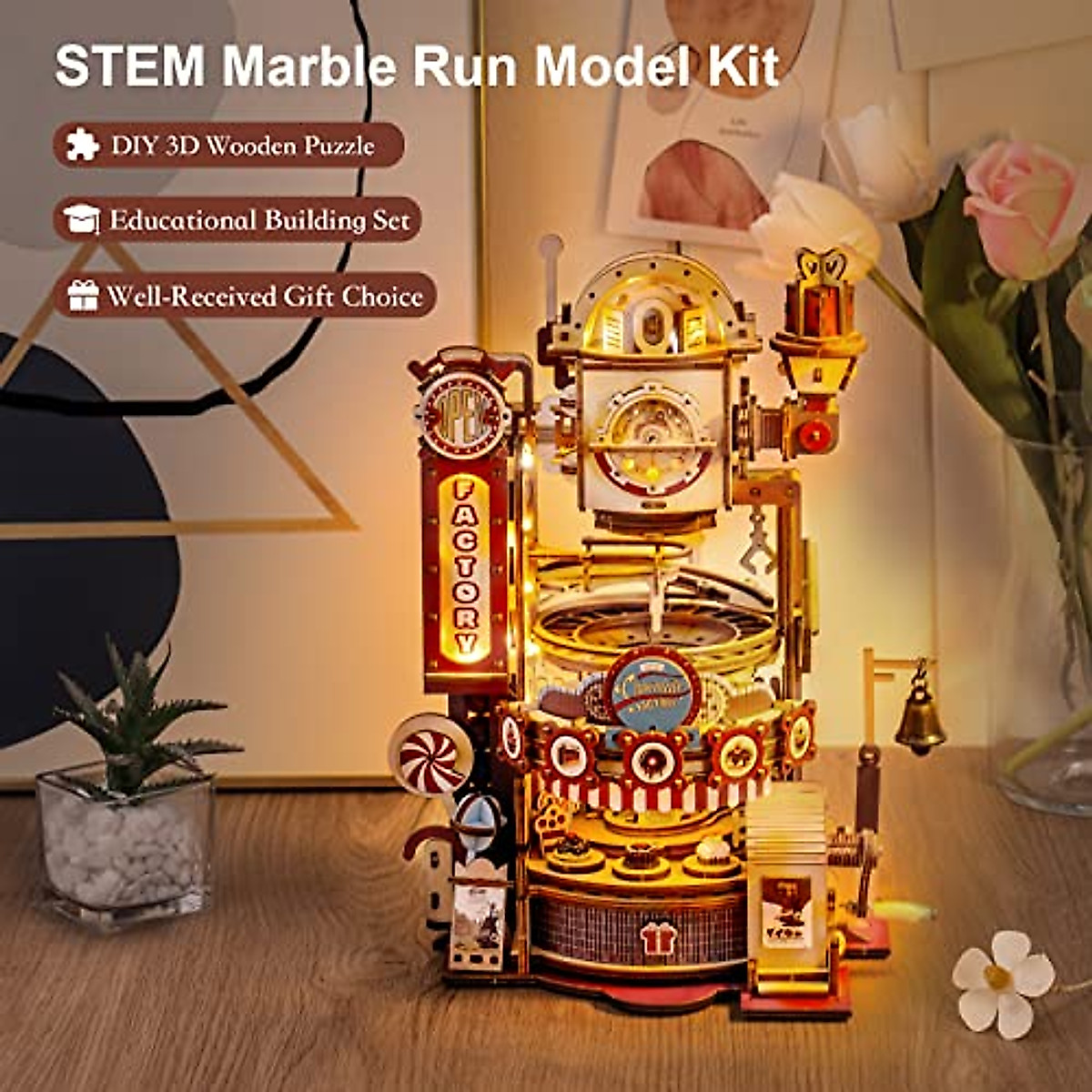 Rowood 3D Puzzles for Adults, Marble Run Wooden Model Kits for Adults, DIY STEM Mechanical Building Set, Birthday for Teens Boys Age 14+ - Chocolate Factory