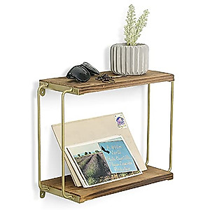MyGift 2-Tier Burnt Wood Wall Mounted Display Shelves with Vintage Brass Metal Frame