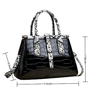 WIGUYUN Women Patent Faux Leather Satchel Handbag Crocodile Tote Purse Snakeskin Handle Shoulder Bag,Gift for Wife/Mom,Black