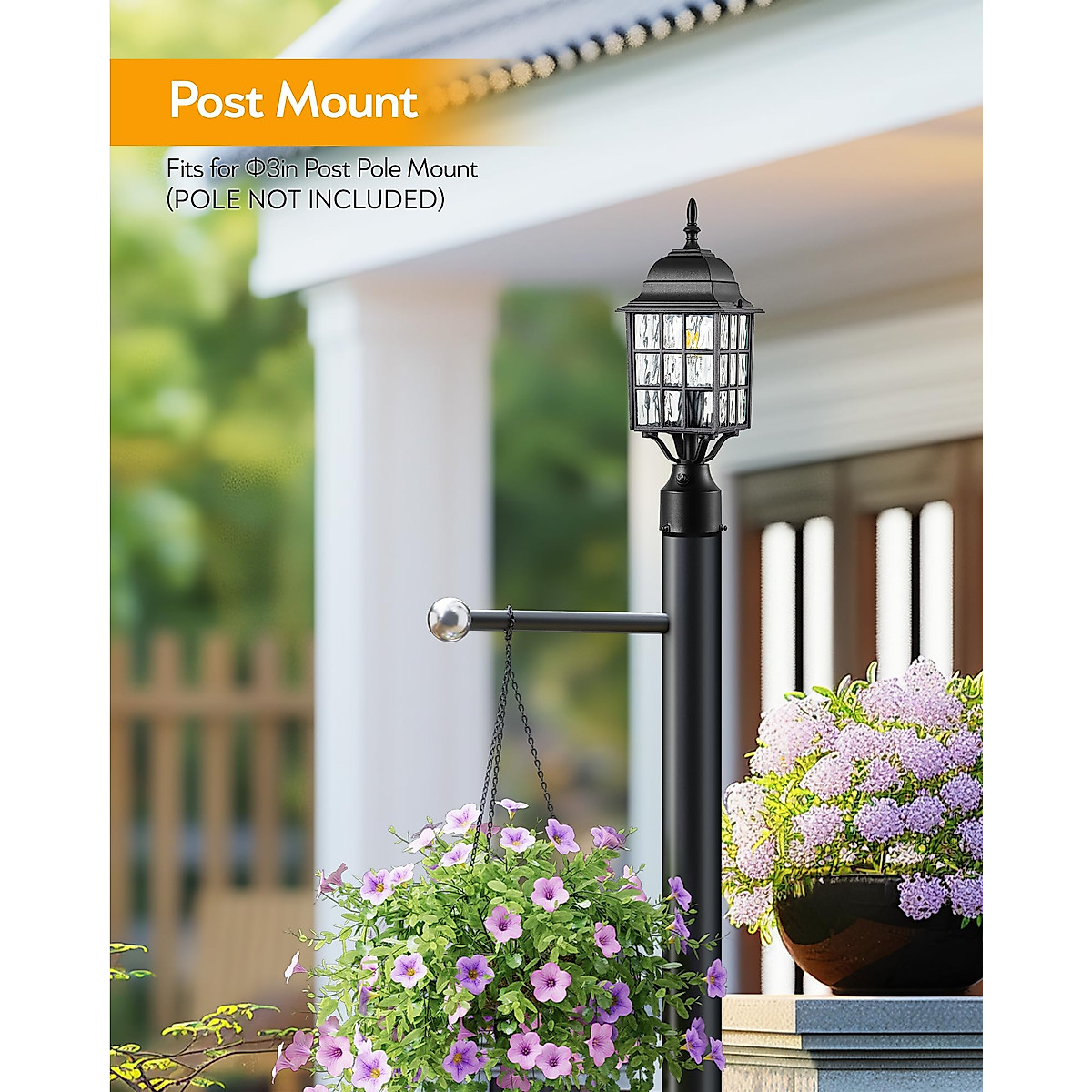 VIANIS Lamp Post Light Fixture with Mount Base, Modern Black Exterior Post Lantern Fixture with Tempered Glass, Anti-Rust Aluminum Light Posts for Outside for Driveway, Backyard Patio Garden, E26