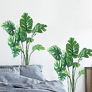 Monstera Leaf Wall Decals 2 PCS Palm Leaves Wall Stickers for Living Room, Green Tropical Plants Wall Decor Posters Vibrant Jungle Leaves Wallpaper for Bedroom Nursery