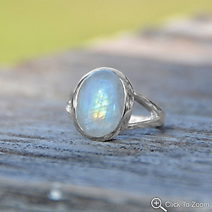 Rainbow Moonstone Oval Polished Sterling Silver Ring