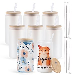 HTVRONT 8 PCS Sublimation Glass Cups Frosted -16oz Sublimation Glass Tumbler with Bamboo Lid - Sublimation Blanks for Painting, Sublimation and HTV Vinyl Crafts