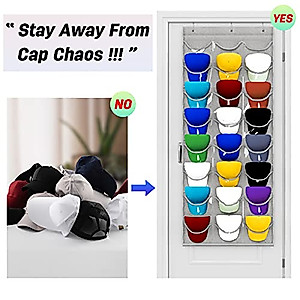 shiningwaner Hat Rack Organizer for Wall/Over The Door, Baseball Cap Organizer with 24 Clear Deep Pockets, Closet Hat Storage Organizer Hanging with Over Door Hooks, Light Grey