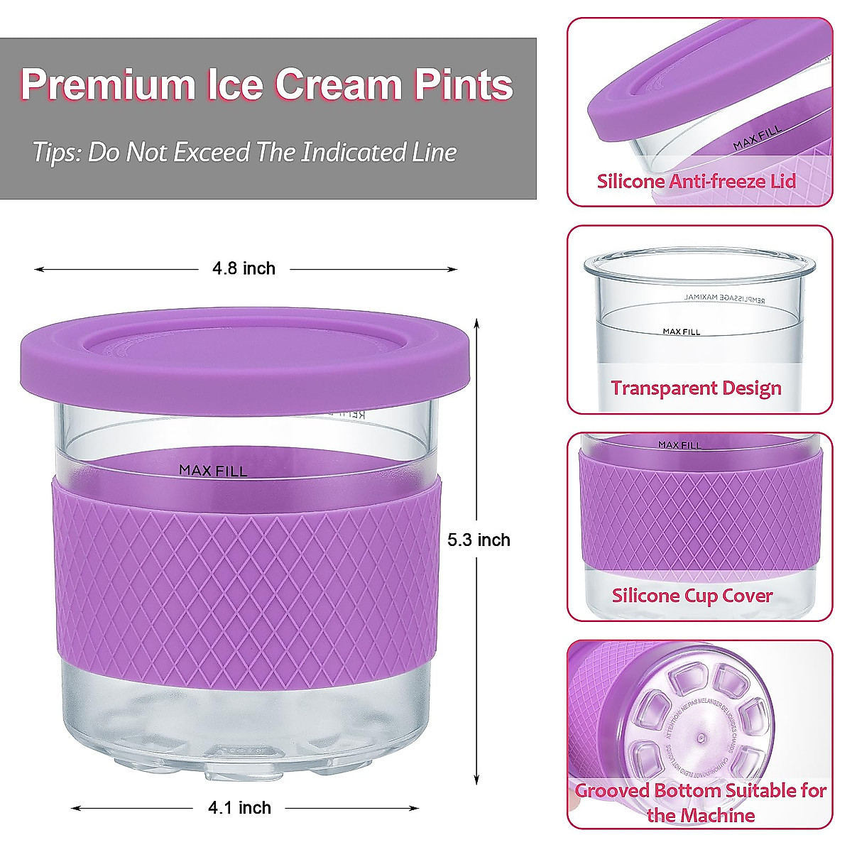 CINPIUK Ice Cream Pints, 4 Pack Containers with Silicone Lids & Covers Replacements for Ninja Creami Pints, Compatible with NC301 NC300 NC299AMZ Series Ice Cream Maker, Dishwasher Safe Containers
