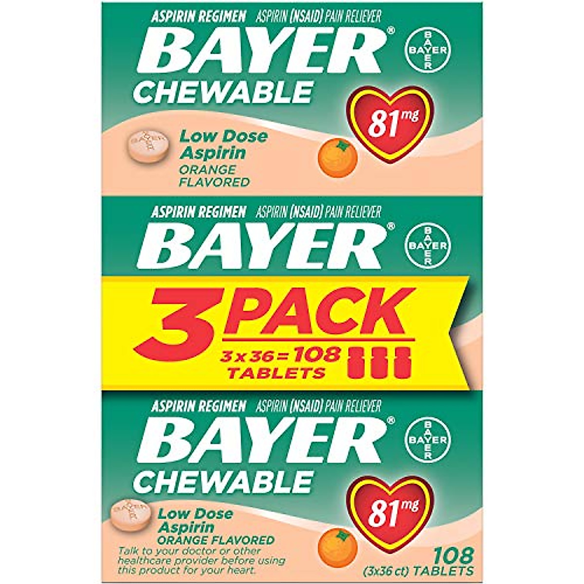 Aspirin Regimen Bayer 81mg Chewable Tablets | #1 Doctor Recommended Aspirin Brand | Pain Reliever | Orange Flavor | 108 Count, 36 Count (Pack of 3)