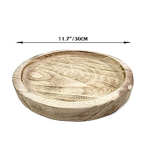 Round Serving Tray Carving Decor Solid Wood Tray Wooden Fruit Snack Plate Candle Holder Tray Natural Handmade Bowl 11.7"