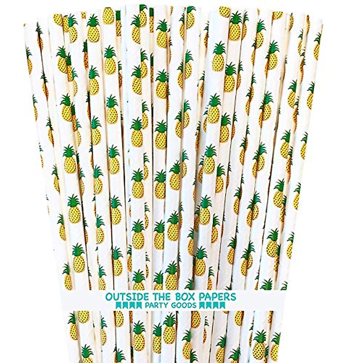 Pineapple Theme Paper Straws - Yellow Green White - Hawaiian Luau - 7.75 Inches - 100 Pack - Outside the Box Papers Brand
