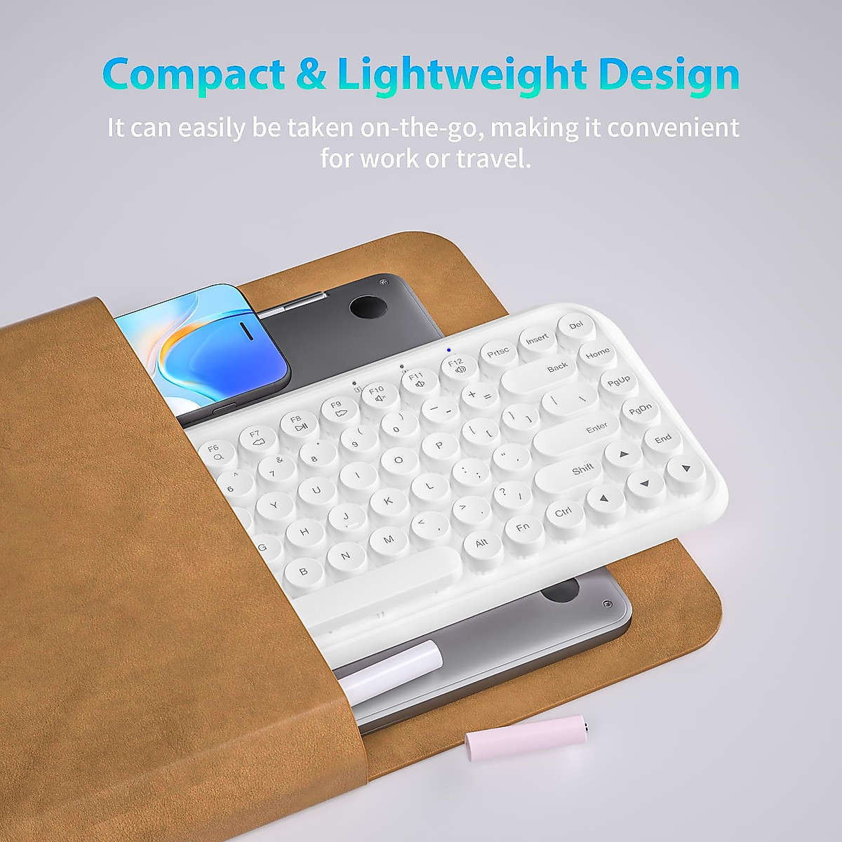 Wireless Bluetooth Keyboard, 2.4GHz Typewriter Retro Keyboard, 84 Keys Portable Office Computer Keyboard with 2xAA Batteries and Cute Floated Round Keycaps for Windows Android PC Laptop Mac iPad,White