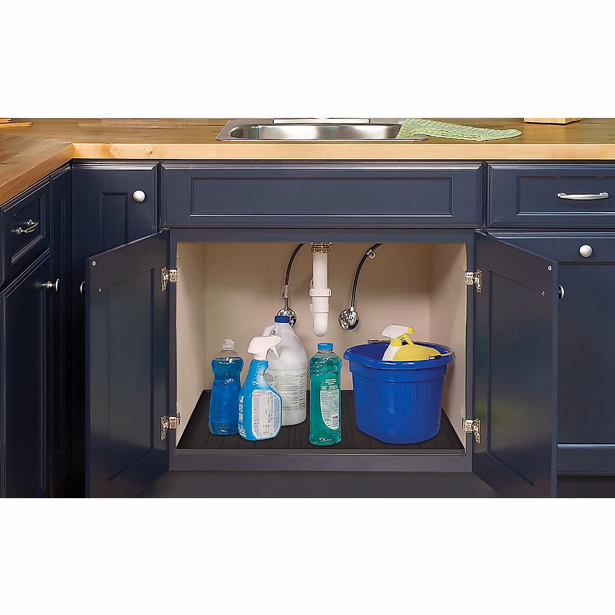 Welvet Under Sink Mat for Kitchen Waterproof 34”X22” Strong Under Sink Drip Tray, Holds Up To 3.3 Gallons water, Thick Cabinet Protector Liner for Kitchen & Bathroom, with Soap Dish & Sponge Brush