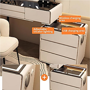 Pesnllov Vanity Desk - Makeup Vanity Table with Wireless Charging & Bluetooth Speaker, Solid Wood Bedroom Vanity, for Her (9 Drawers)