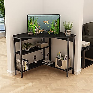 Auromie Corner Desk with Outlets & USB Ports, 90 Degree Triangle Corner Table with CPU Stand & Storage Shelves for Small Space, Computer Table with Charging Station for Home Office Bedroom (Black)