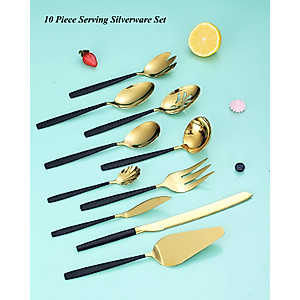 Black with Gold Silverware Serving Set 10 Pieces, Black Gold Flatware Serving Set, Serving Utensils, Include Slotted Spoon, Cake Server, Sugar Spoon, Soup Ladle, Wedding Cake Knife Ect