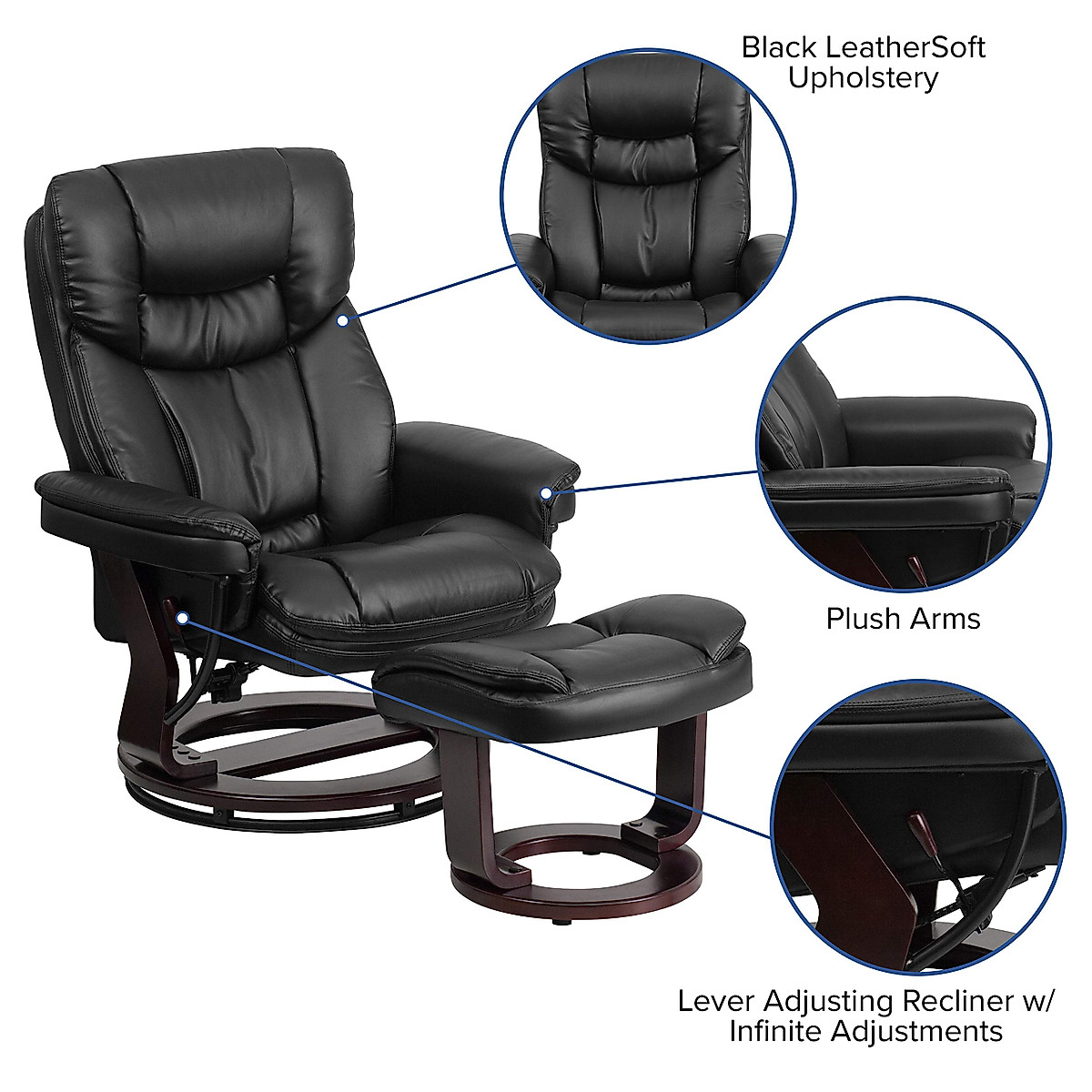 Flash Furniture Allie LeatherSoft Upholstered Recliner with Footrest, Arms, and Headrest, Padded Swivel Recliner Chair and Ottoman Set, Black