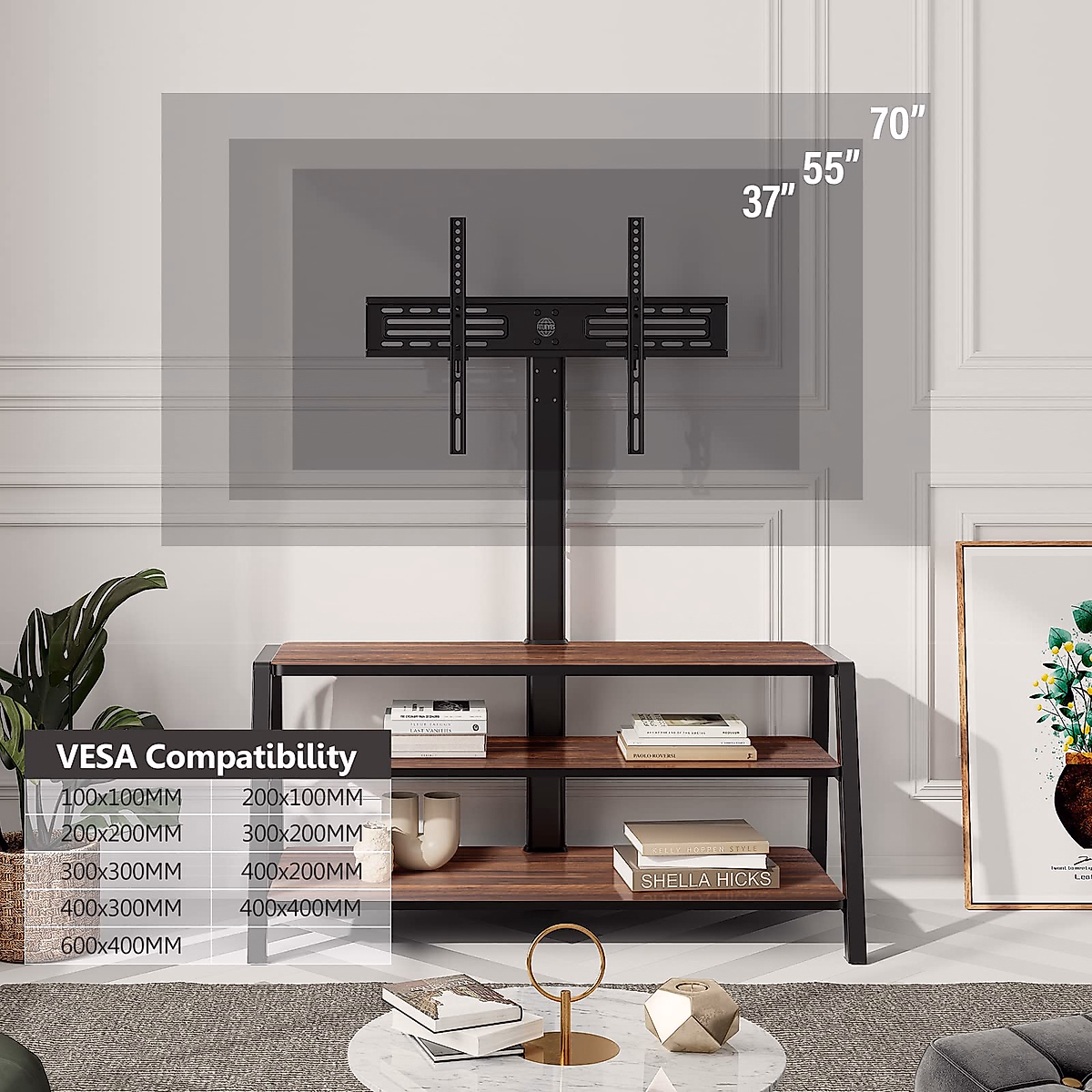 FITUEYES 3-Tier Floor TV Stand for 37-70 Inch TVs Entertainment Center Stand with Storage-Height Adjustable TV Console Stands with Walnut Board & Cable Management, VESA 600x400mm