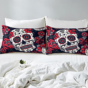 Gothic Skull Comforter Cover Set Queen Size, Death Skull Duvet Cover for Boys Girls Adults Sugar Skull Bedding Set Skeleton Decor Bedspread Cover Red Rose Floral Bedding,1 Duvet Cover 2 Pillow Shams