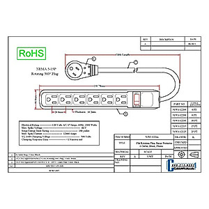 25 feet Surge Protector, Flat Rotating Plug, 6 Outlet, Black Horizontal Outlets, Plastic, 25ft Power Cord, Surge Protector Multi Plug, CableWholesale