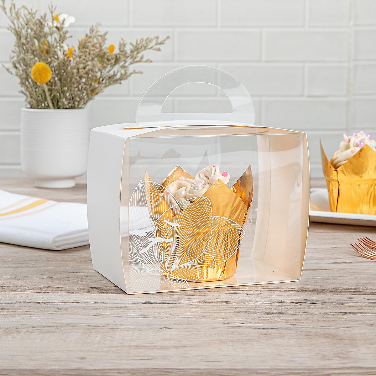 Restaurantware-5 Inch x 3.25 Inch Individual Cupcake Boxes, 100 Disposable Cupcake Display Boxes - With Handle, Lotus Accent, Clear Plastic Single Cupcake Containers, For Weddings Or Birthdays