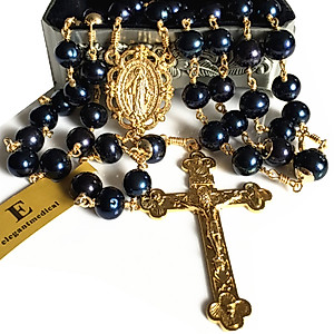 elegantmedical Black AAA+10mm Real Pearl BEADS GOLD ROSARY CROSS Necklace & box Catholic GIFTS