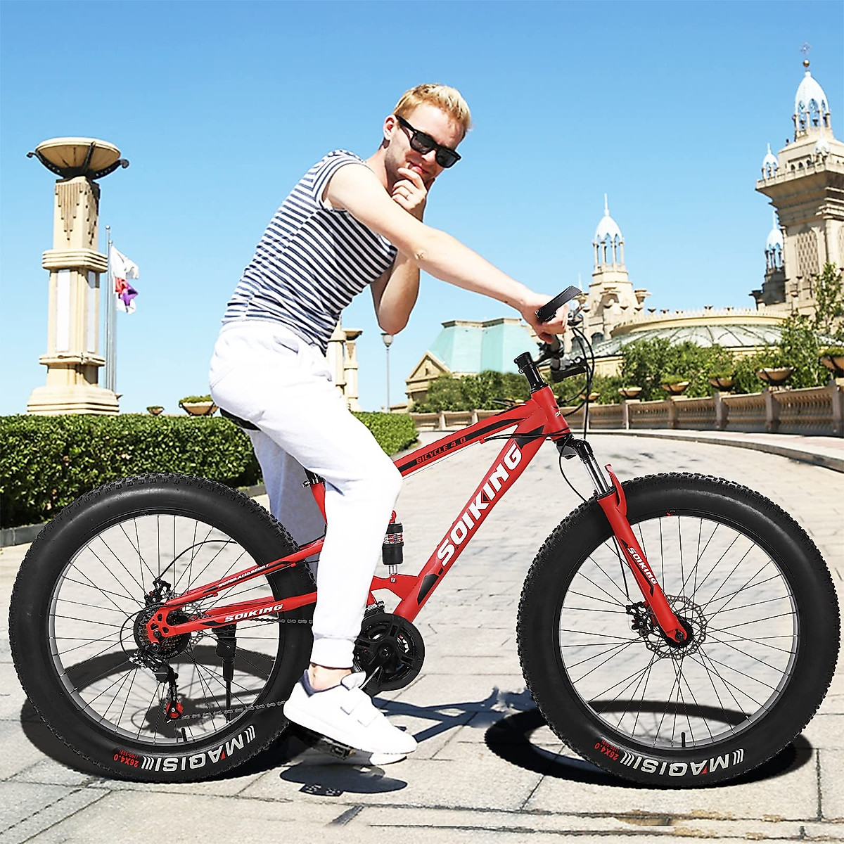 wavsurf Fat Tire Mountain Bike, 26'' 21 Speed Outdoor Snow Beach Hybrid MTB Racing Bikes for Adult Women Men, Lightweight City Commuter Road Cycling, Dual Disc Brakes (B), 94x88x38cm