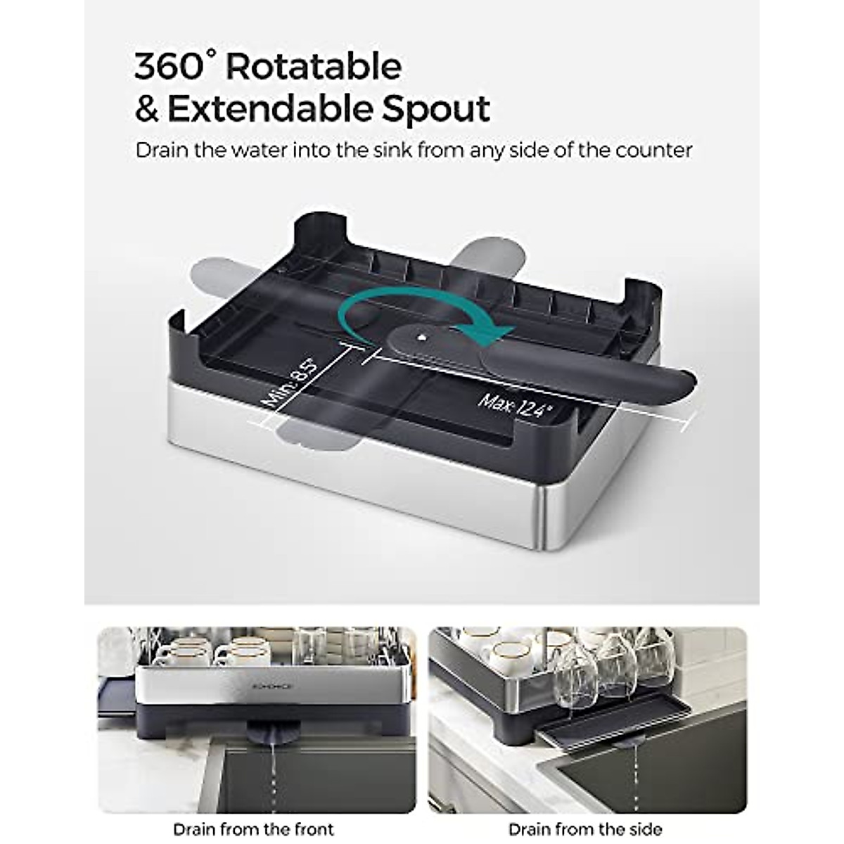 SONGMICS Dish Drying Rack - 2 Tier Dish Rack for Kitchen Counter with Rotatable and Extendable Drain Spout, Dish Drainer with Utensil, Cup, Glass, Cutting Board Holders, Gray UKCS032E01