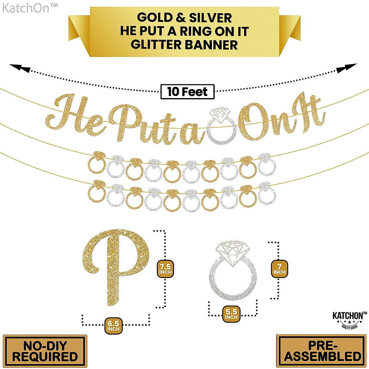 KatchOn, He Put a Ring On It Banner - 10 Feet, No DIY | Gold and Silver Engagement Party Decorations | He Put A Ring On It Sign for Bachelorette Party Decorations, Bridal Shower Decorations