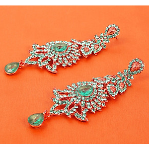 Touchstone Hollywood Glamour Oscar Collection Extra Long Chandelier Earrings, Indian Paisley Motif Filigree Turquoise Blue Rhinestones, Designer Bridal Jewelry, Antique Gold Tone