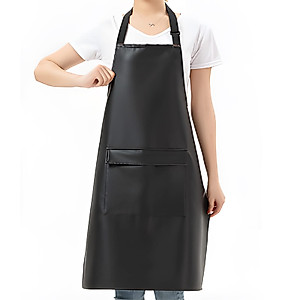RUIFYRAY Black Vinyl Leather Apron with Pockets for Women, Waterproof for Kitchen, Cooking, Dishwashing, Dog Grooming