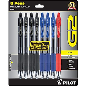 Pilot, G2 Premium Gel Roller Pens, Fine Point 0.7 mm, Blue, Black, Red, Pack of 8