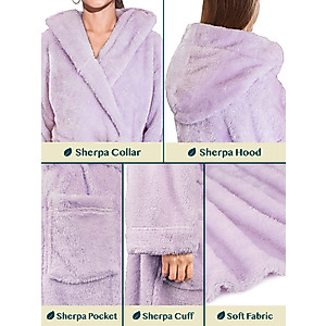 PAVILIA Women Hooded Plush Soft Robe | Fluffy Warm Fleece Sherpa Shaggy Bathrobe (S/M, Lavender Purple)