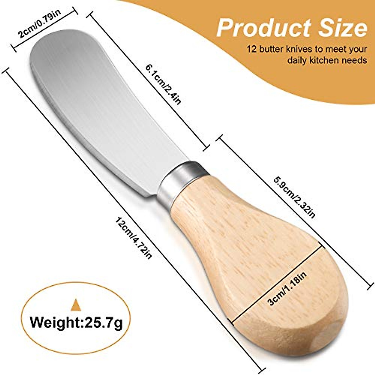 Patelai 12 Pieces Cheese Spreader Cheese Butter Knife Stainless Steel Butter Spreader Knives with Bamboo Handle Sandwich Cream Cheese Cake Condiment Knife Set, 4.7 Inch