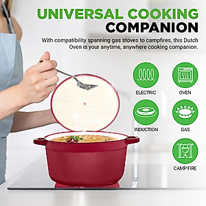 6 Quart Electric Dutch Oven | 1500W 5-in-1 Enamel Coated Cast Iron Pot with Stainless Steel Lid | Precise Temperature Control | Includes 2 Silicone Pot Holders & Heat Resistant Pad | Red