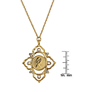 American Coin Treasures Pendant Necklace with Queen Elizabeth II 1/2 New Penny Great Britain Coin | Victorian Style Goldtone | 21 Inch Rope Chain with Lobster Claw Clasp | Certificate of Authenticity